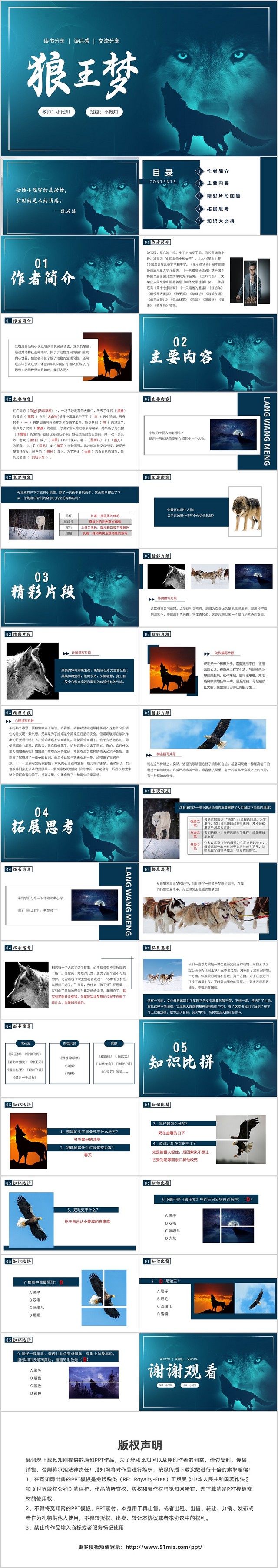 蓝色简约狼王梦读书分享说课课件PPT模板 包站长